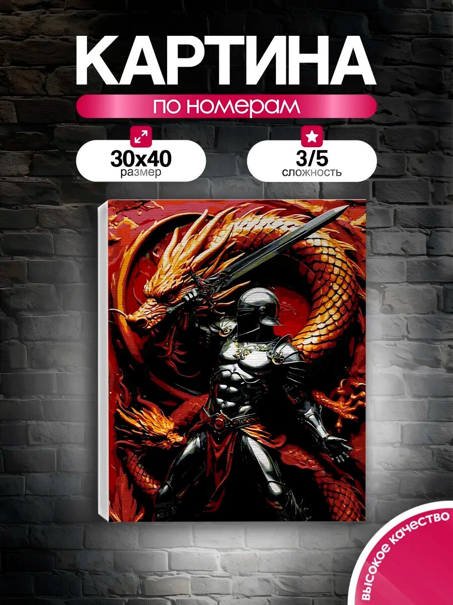 Картина по номерам 30x40 Рыцарь и Дракон