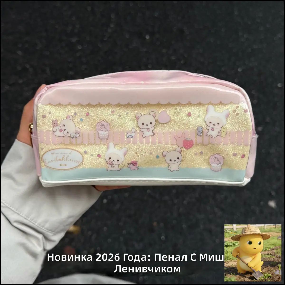 Пенал с прозрачной ПВХ-обложкой и принтом Рилаккума, большая вместимость, молния, для школьников, квадратная форма