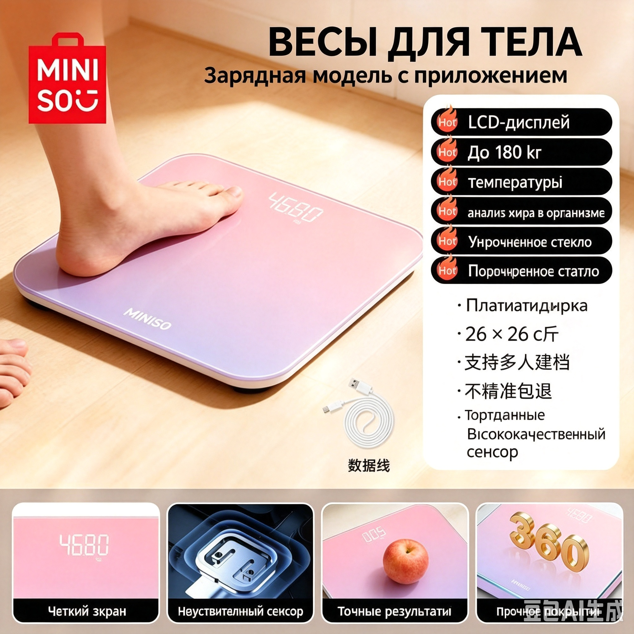 Умные весы с анализатором жира MINISO, синхронизация с APP, USB-зарядка, большая платформа 26x26 см, до 180 кг