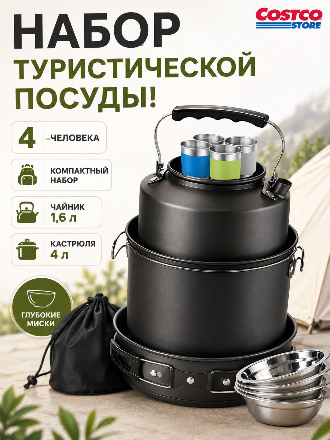 Туристический набор посуды для похода, пикника, костра на 4 персоны