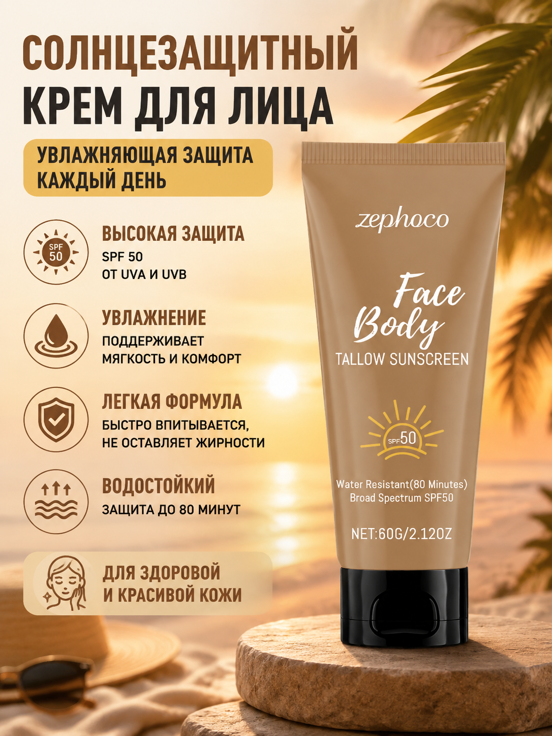 Увлажняющий солнцезащитный крем для лица SPF 50, легкая защита от солнца каждый день