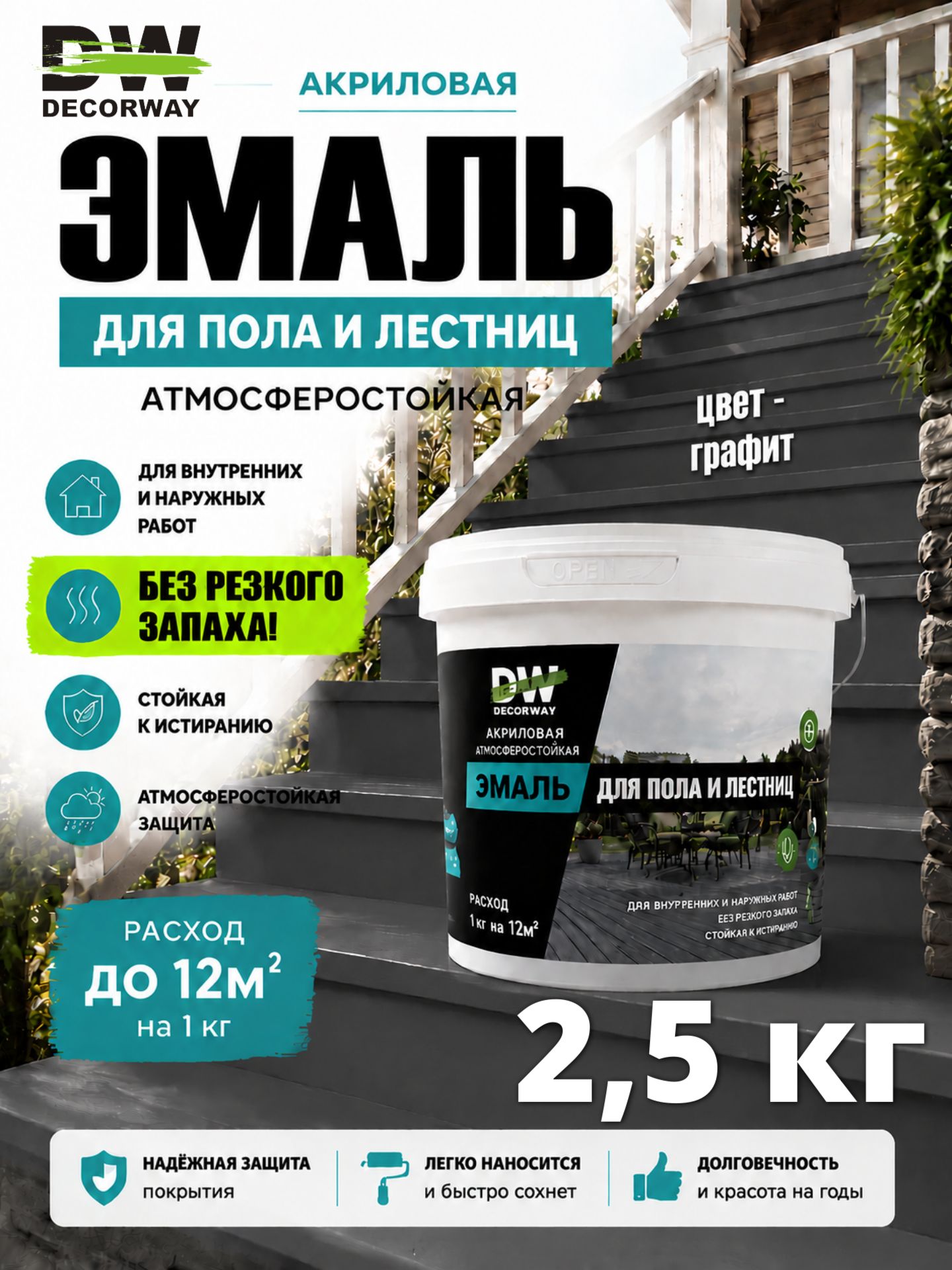 Эмаль акриловая для пола и лестниц наружных и внутренних работ DECORWAY износостойкая, атмосферостойкая, графитовая 2,5кг