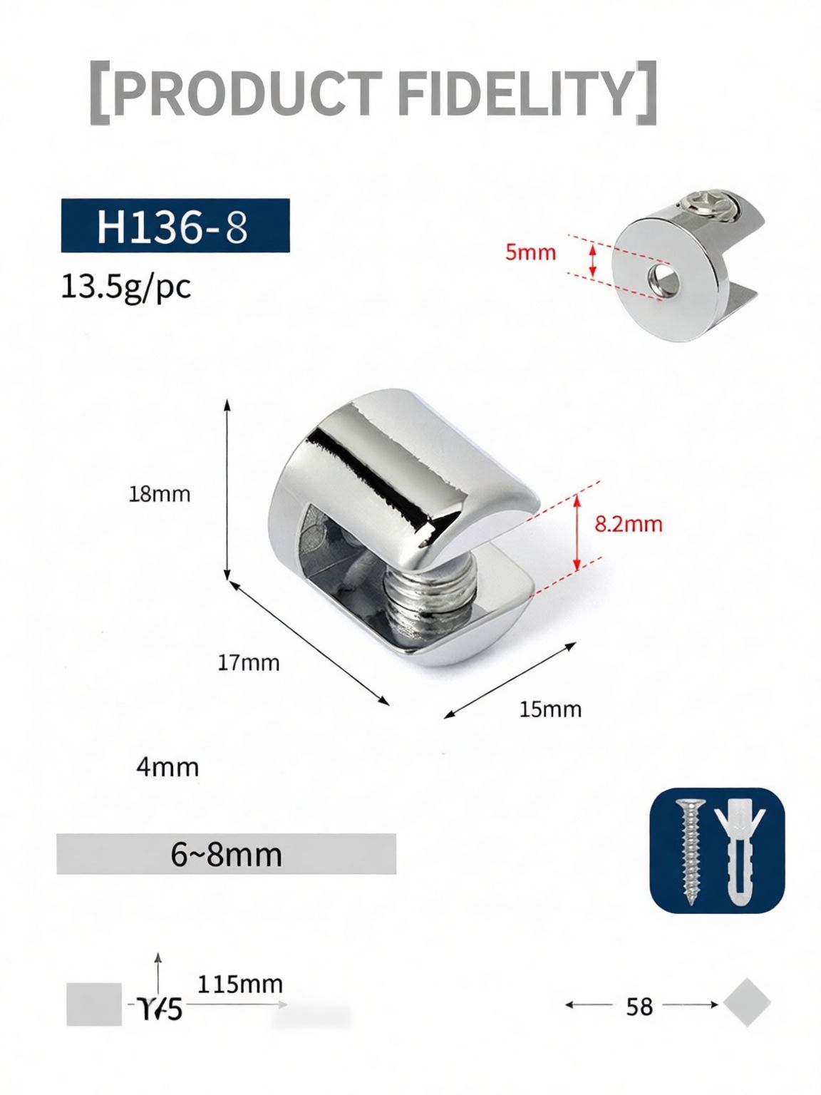 Стеклянный зажим для полок H136-8, толщина стекла 6-8 мм, с крепежом