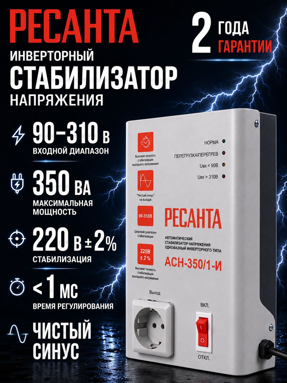 Стабилизатор напряжения инверторный 220В РЕСАНТА АСН-350/1-И, 350 ВА, 90-310 В, чистый синус