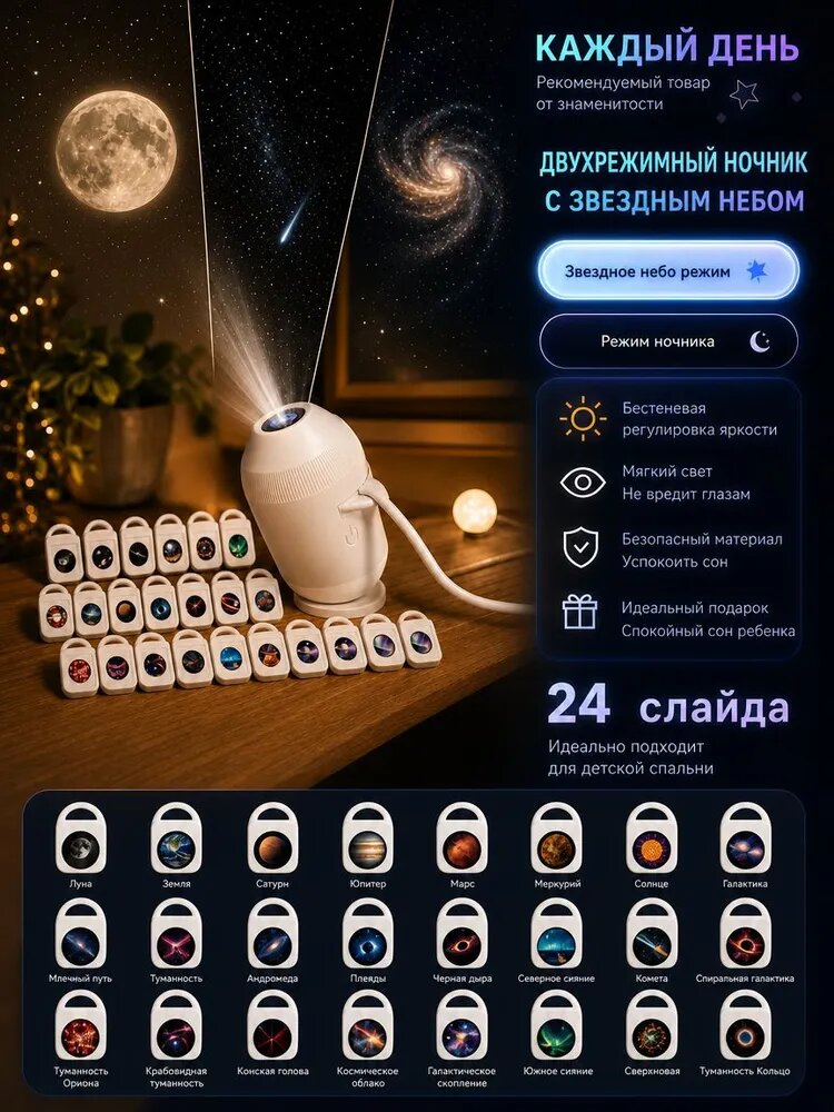 Ночник с проекцией звездного неба, мини проектор с 24 слайдами на потолок, USB, 2 режима