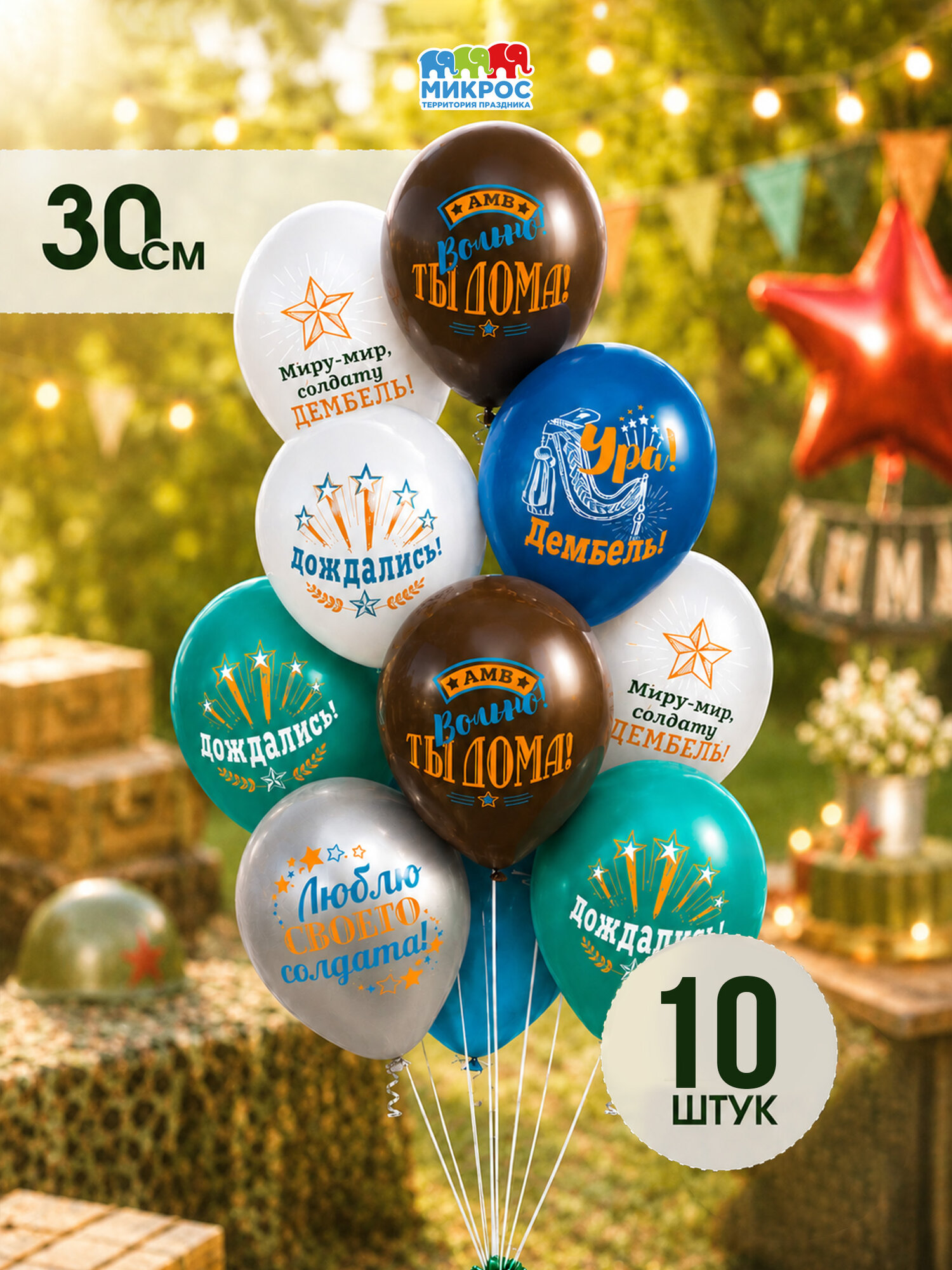Воздушные шары "Дембель!" 30 см набор 10 штук 5 дизайнов