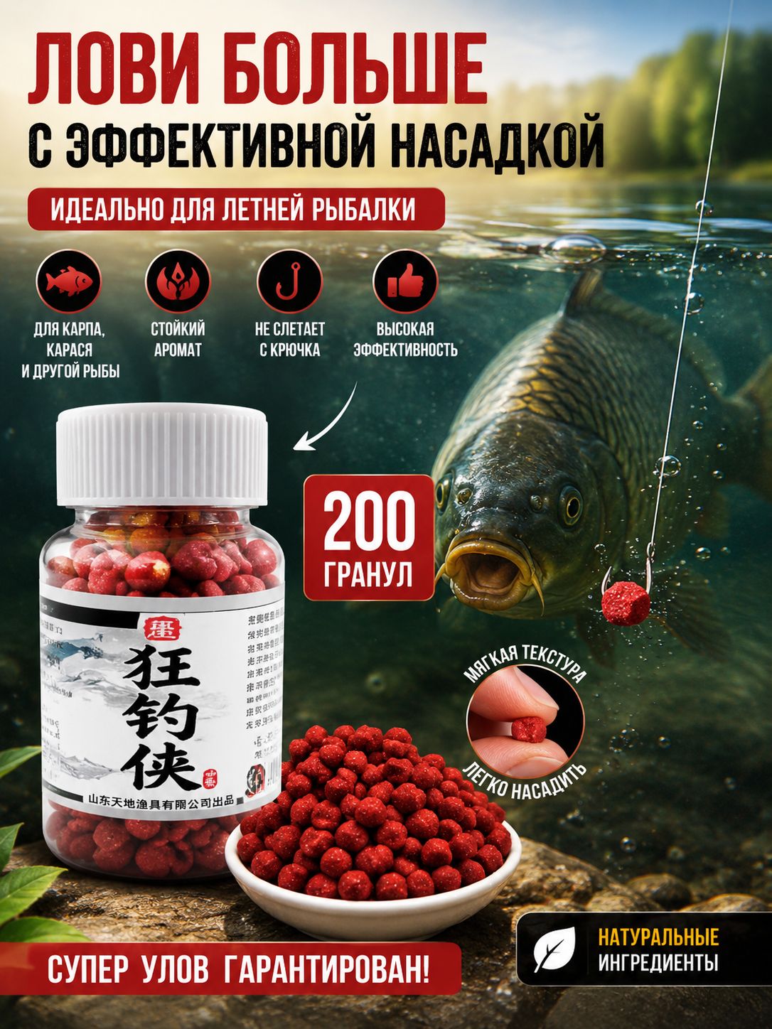 Летняя рыбная приманка, подходящая для ловли плотвы, карпа и смешанных пород, гранулированный корм, около 200 гранул.