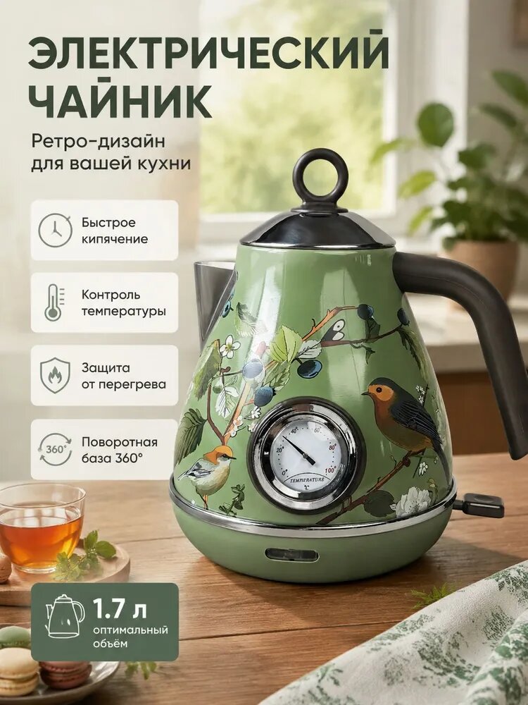 Электрический чайник 019e5eb490b470c6bafca10e7f7b5ac0, светло-зеленый, темно-зеленый