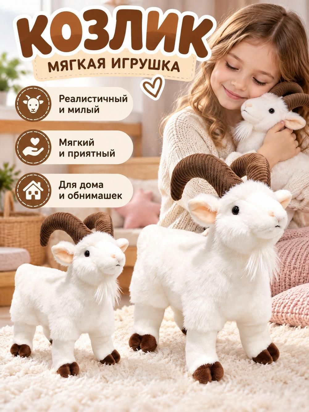 Мягкая плюшевая игрушка коза козленок пушистая 18 см + 30 см
