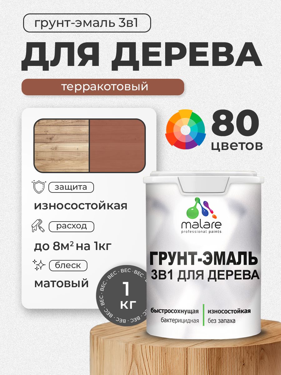Акриловая Грунт-Эмаль 3 в 1 Malare для деревянных поверхностей/ краска по дереву с антисептическим эффектом/ быстросохнущая моющаяся без запаха матовая, терракотовый, 1 кг