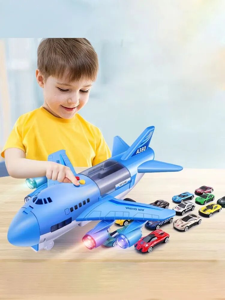 Игрушечный самолет с паровым эффектом, синий цвет, для детей 3-5 лет, пластик, со звуком и светом — фото 1