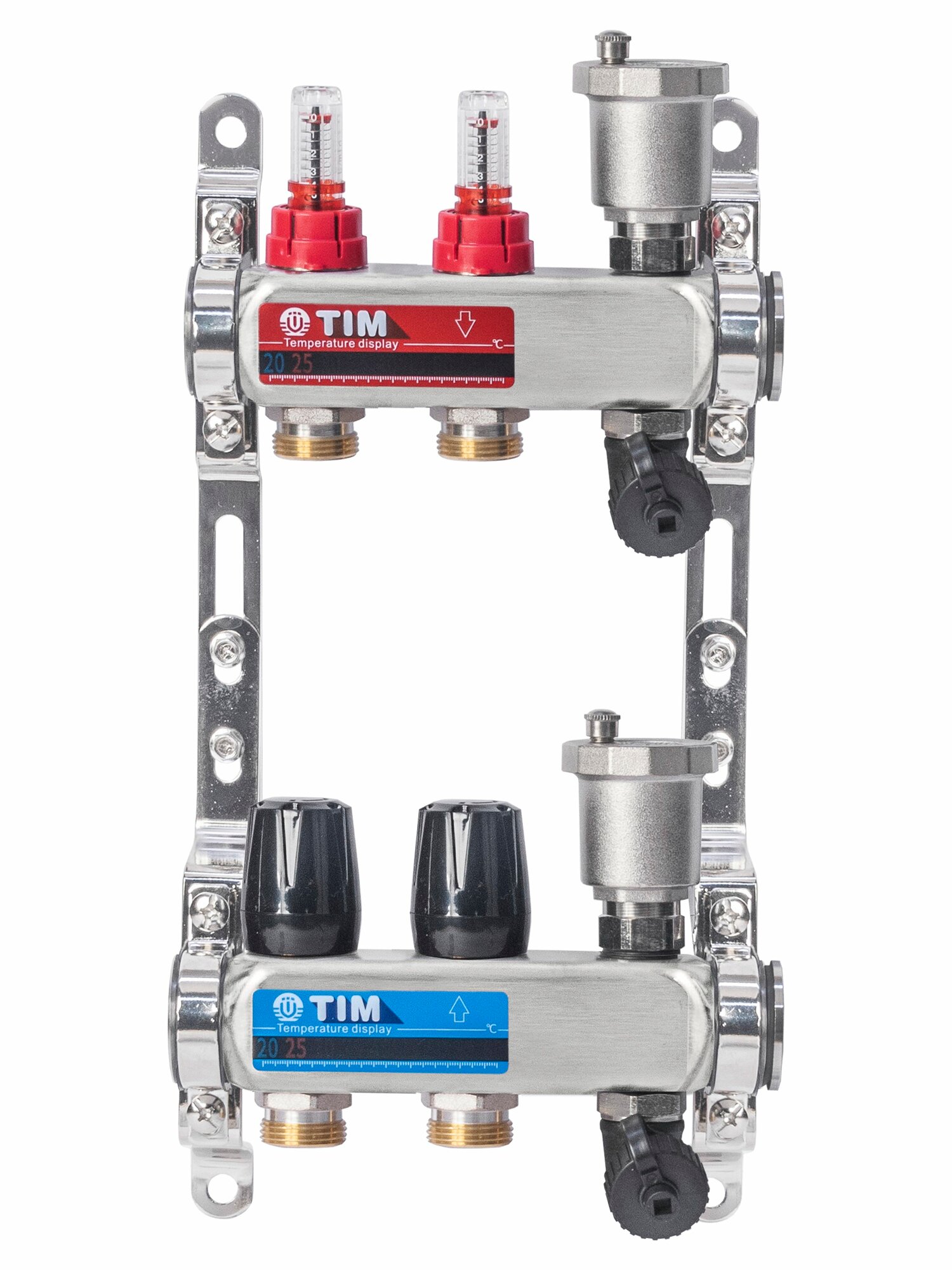 Коллекторная группа 2 контура с расходомерами 1" * 3/4" E, с дренажными кранами и воздухоотводчиками нерж. сталь, TIM, KCS5002