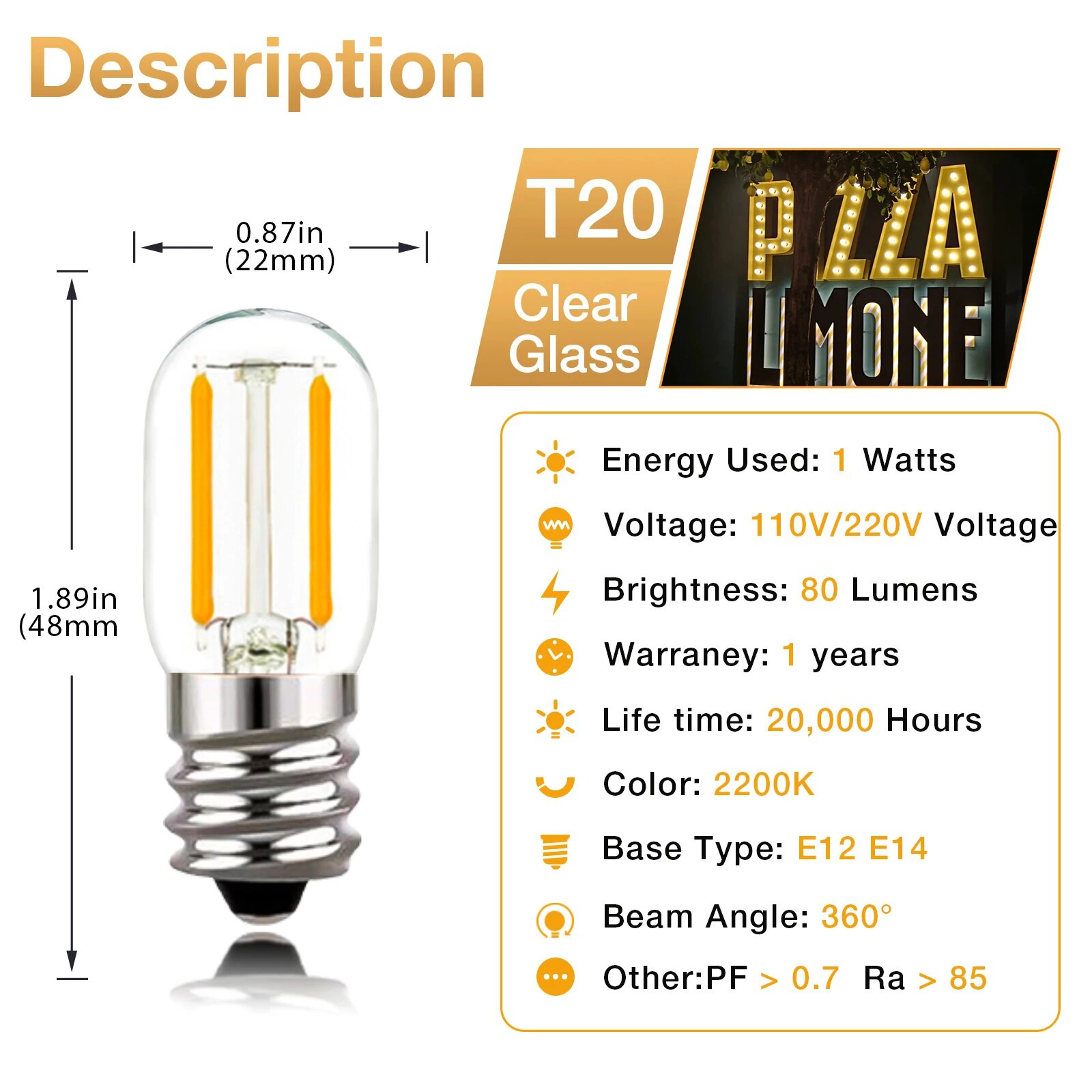 GANRILAND Светодиодные лампы G40 теплый белый T20 1W, E14 220V