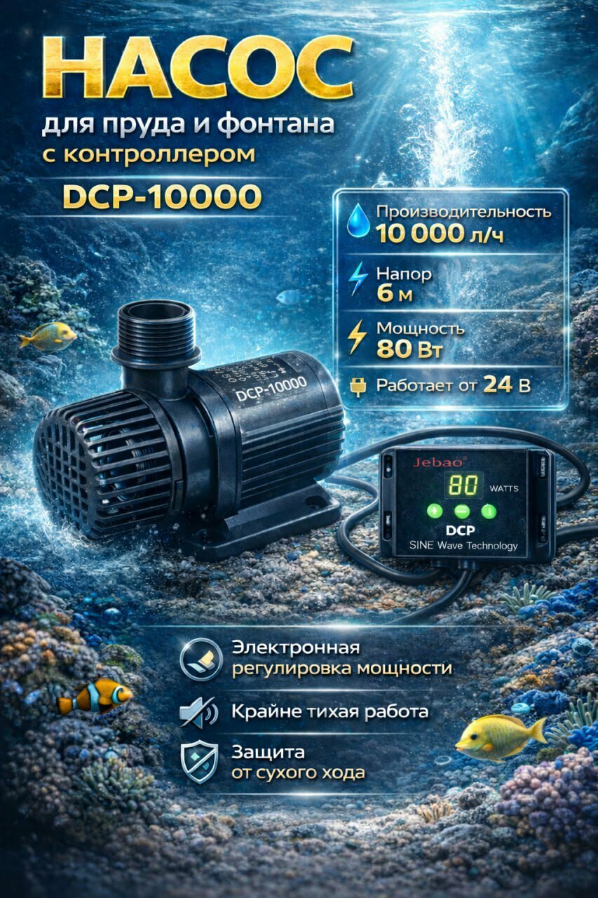 Насос для пруда и фонтана с контроллером JECOD DCP-10000/24V(10000л/ч; 80W)