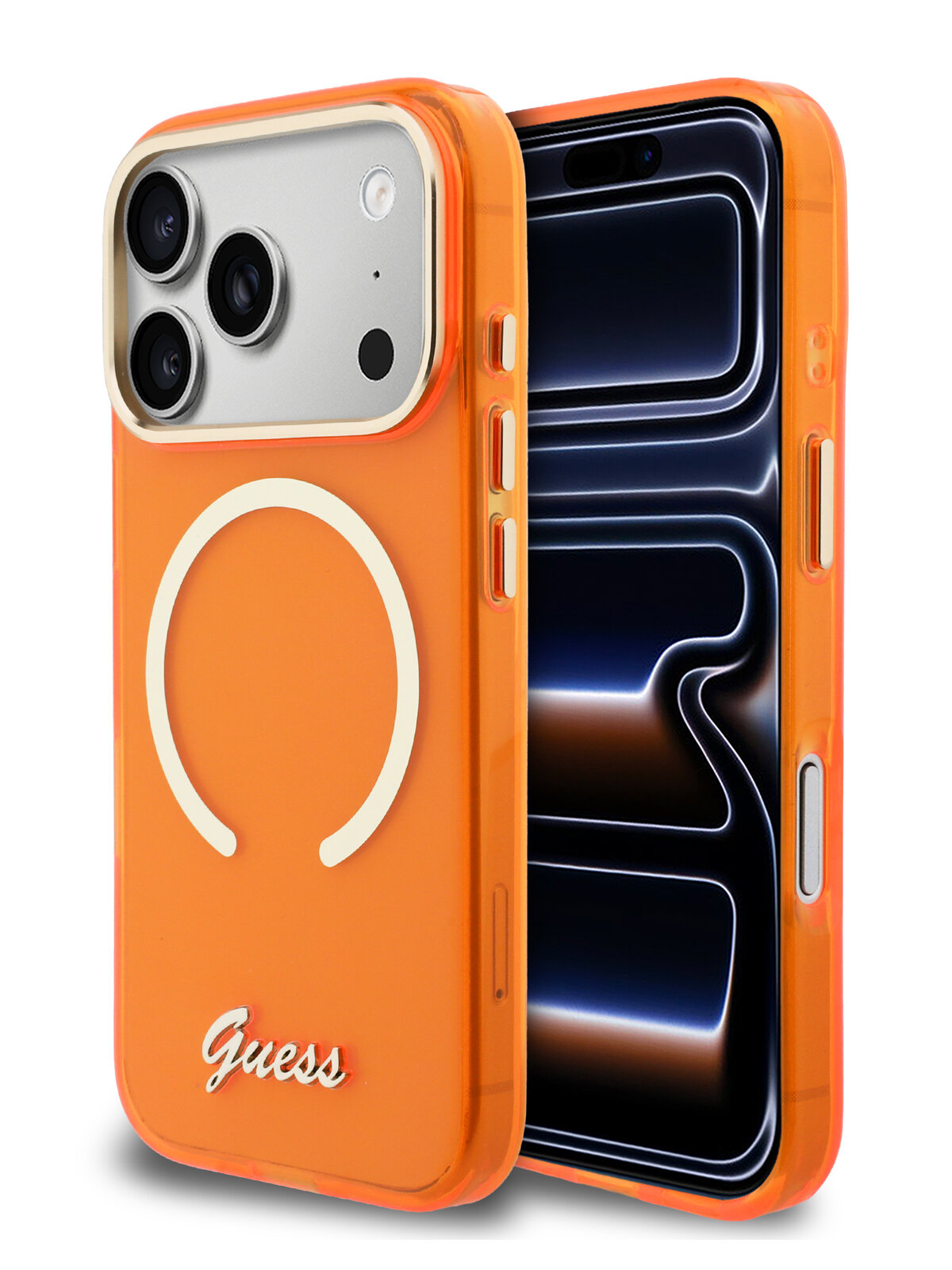 Чехол Guess на iPhone 17 Pro Max, с магнитами MagSafe, с принтом IML Design, оранжевый