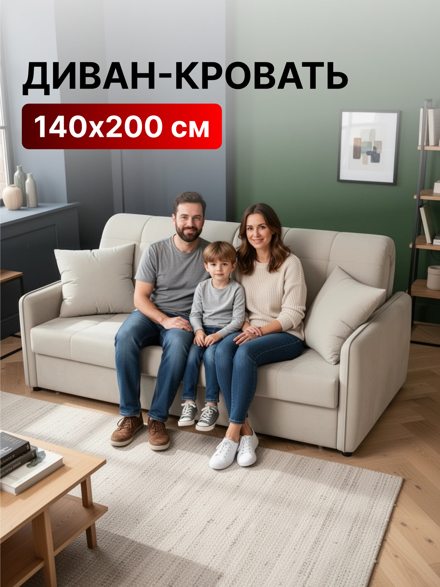 Диван-кровать раскладной прямой на металлокаркасе, аккордеон, ортопедический, 140х200 М068 NEW, велюр бежевый