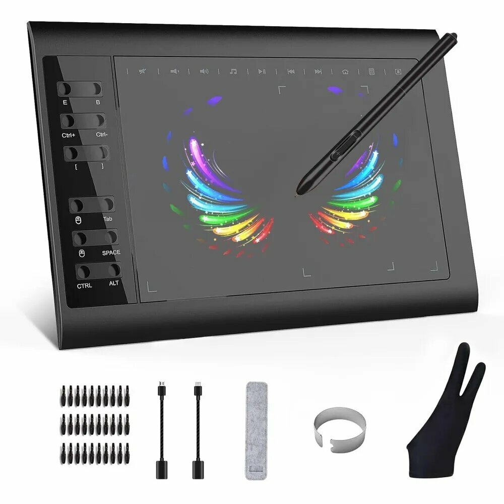 Графический планшет Графический планшет для рисования, формат A4, ручка для рисования с 8192 уровнями, с перчатка, формат A4, черный матовый
