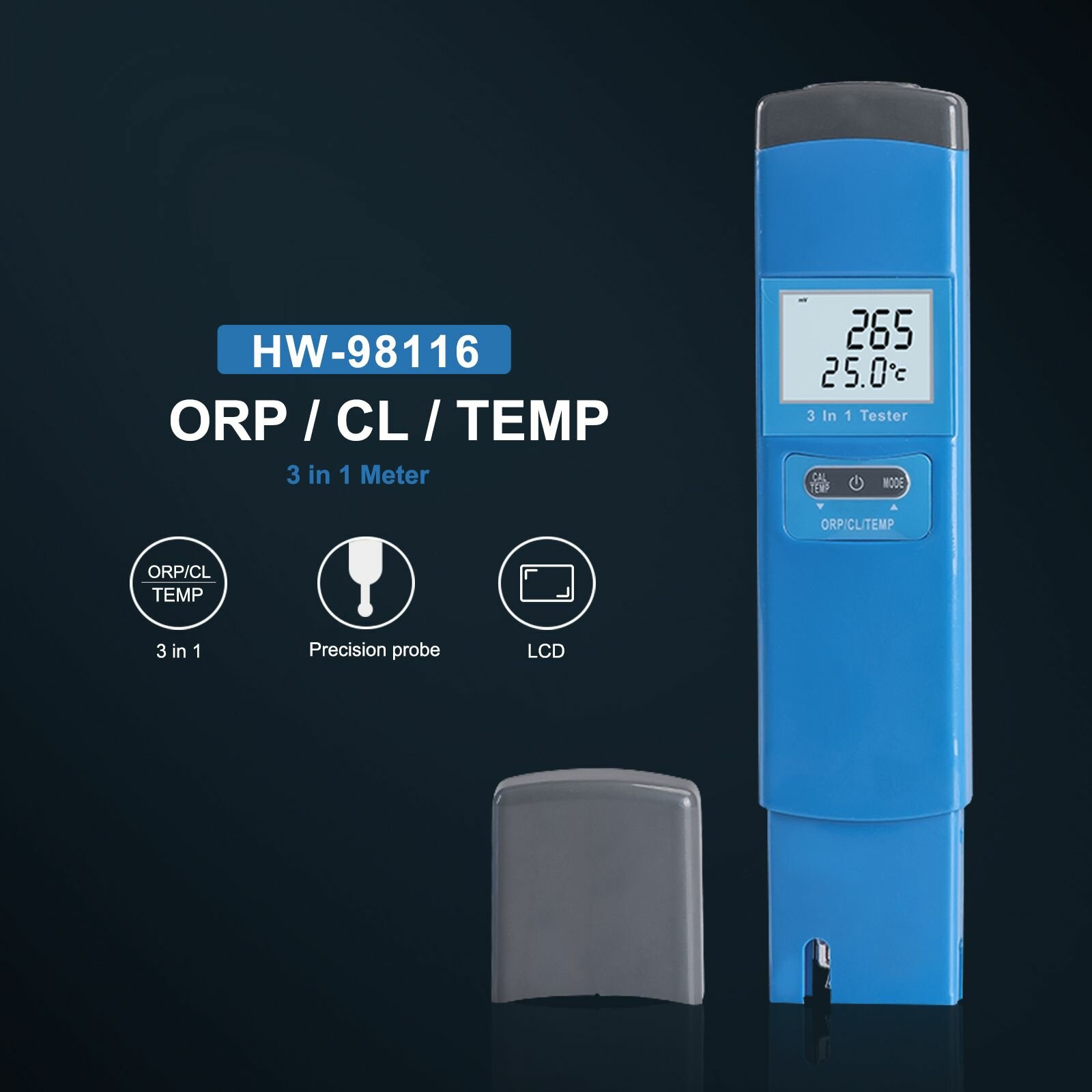 HW-98116 Тестер воды 3 в 1 для измерения ОВП (ORP), хлора и температуры в бассейнах, аквариумах и питьевой воде