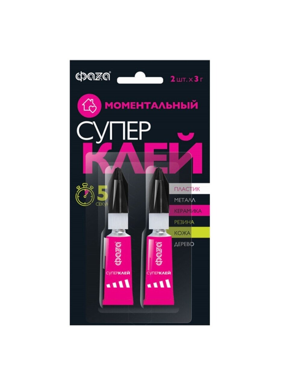 Моментальный супер клей ФАZА универсальный однокомпонентный, 2 шт х 3 г, сильная фиксация, для ремонта и творчества