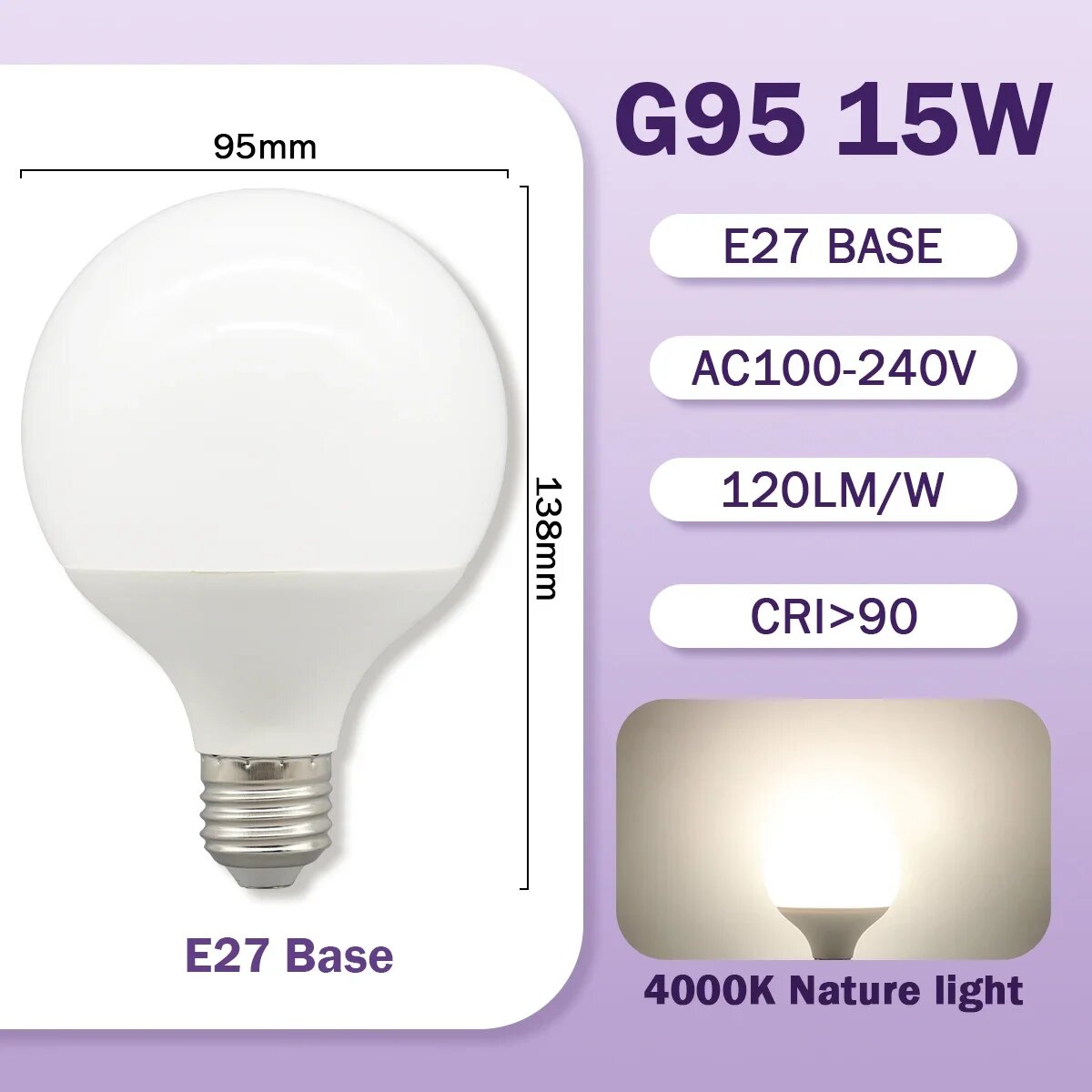 Светодиодная лампа E27 15W 4000K, 120LM/W, CRI>90