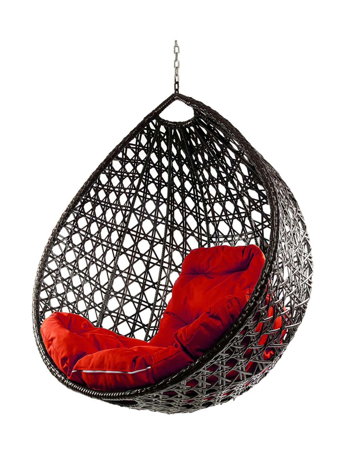 Подвесное кресло капля люкс (без стойки), с ротангом коричневое, красная подушка