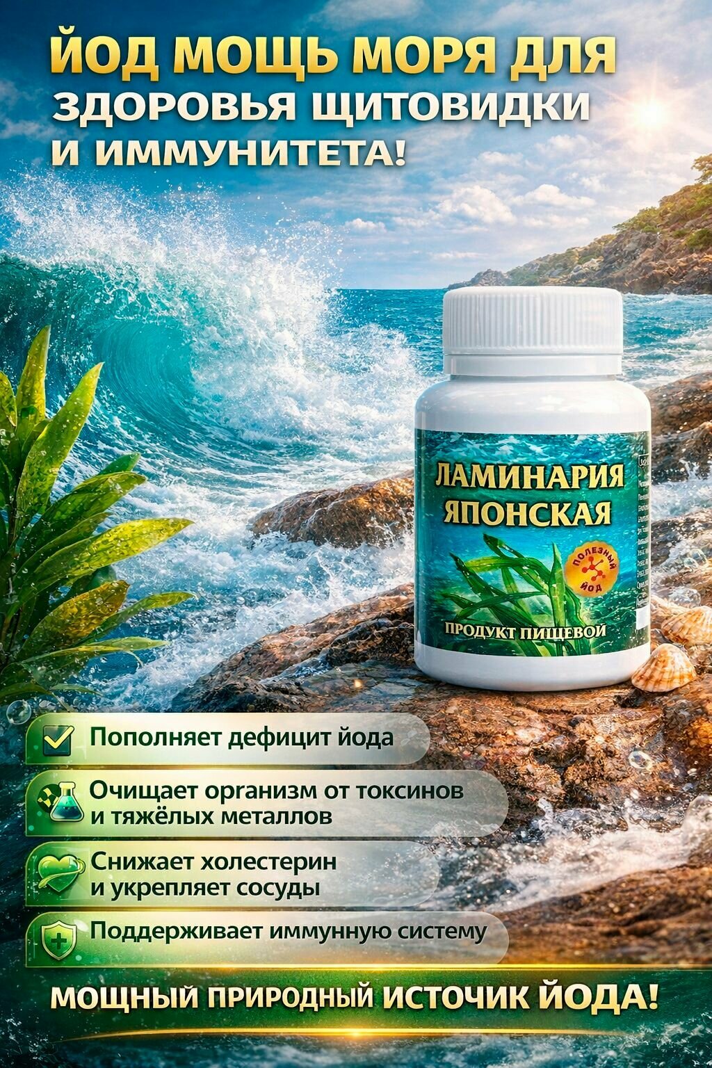 Пищевой биокомплекс гидробионт ДВ "Ламинария", натуральный йод и витамины, очищение организма