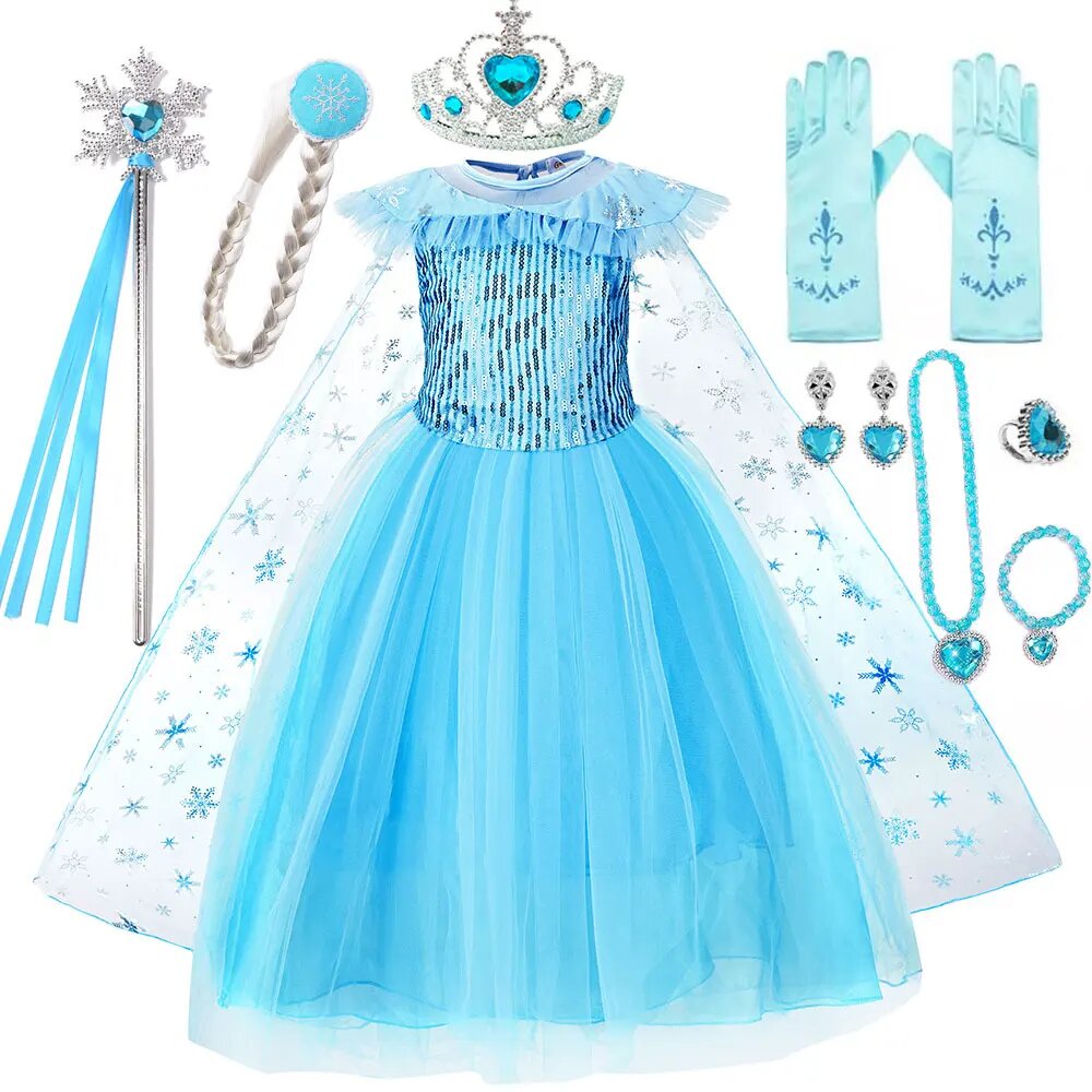 Платье MESOQ синее для девочки из хлопка и полиэстера 3T(110), elsa outfit 02