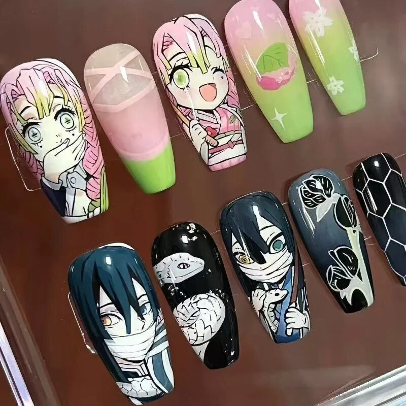 Kanroji Mitsuri X Iguro Obanai Press-on Nails Demon Slayer: Kimetsu No Yaiba Cute Cartoon Creativity CP Моделирование маникюра Новый