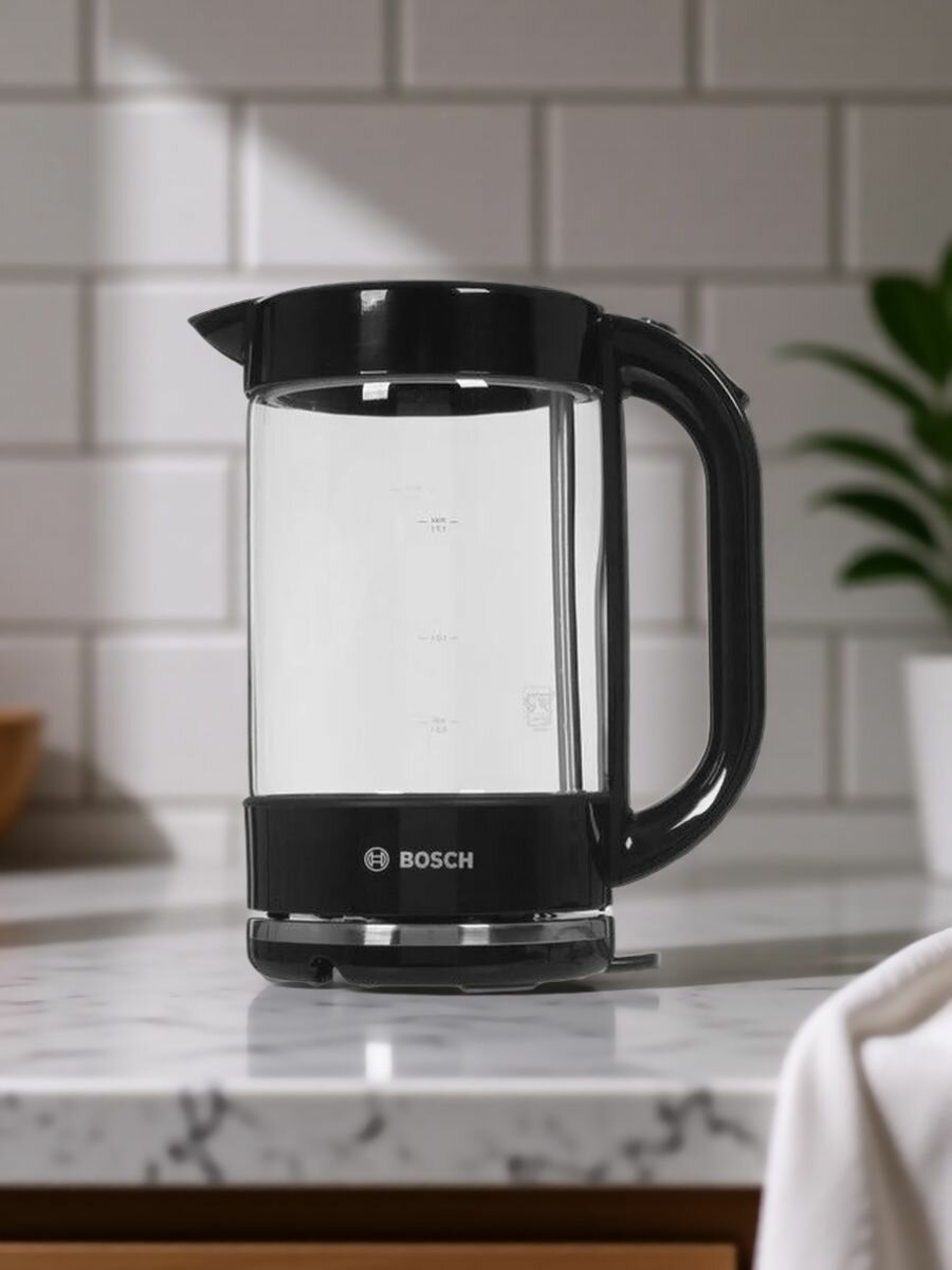 Электрочайник Bosch TWK 70B03 черный 1.7 л, 2400 Вт, скрытый нагревательный элемент, корпус - термостойкое стекло