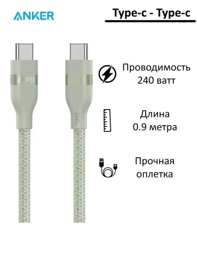 Кабель для мобильных устройств USB Type-C/USB Type-C, 0.9 м, зеленый