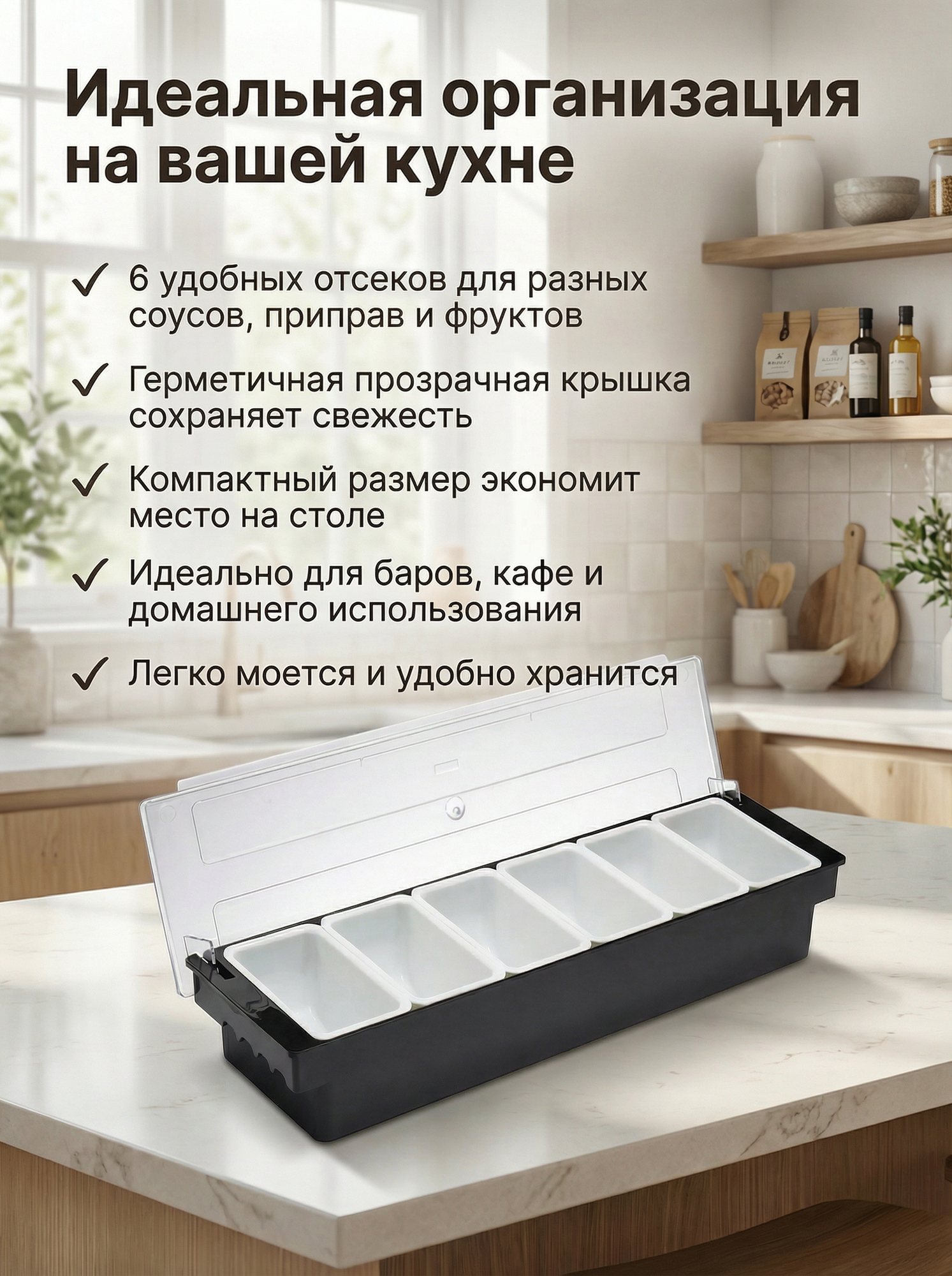 Контейнер для фруктов и приправ ProHotel, с крышкой, 6 секций, прозрачный, чёрный