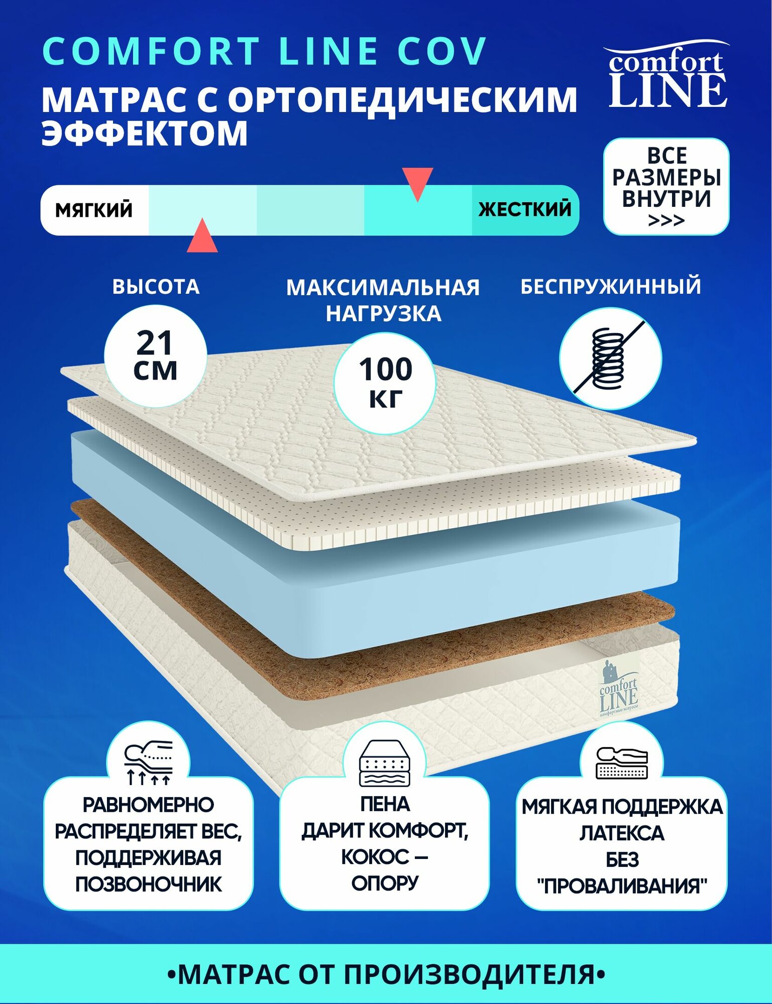 Матрас Comfort Line Cov 140х190 серии Lux высота 21 см анатомический средней жесткости кокосовый латексный Беспружинный