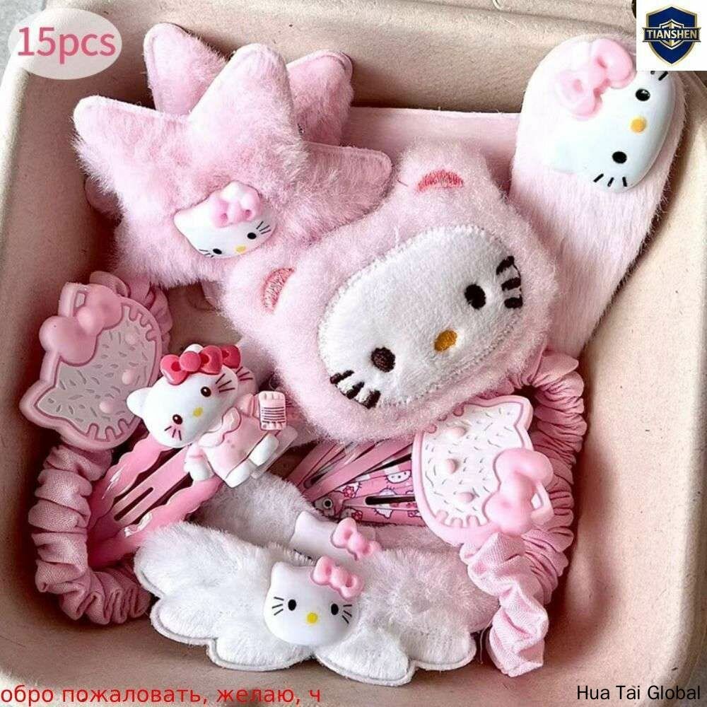 Набор заколок Hello Kitty 15 шт, плюшевые аксессуары для волос, розовый комплект
