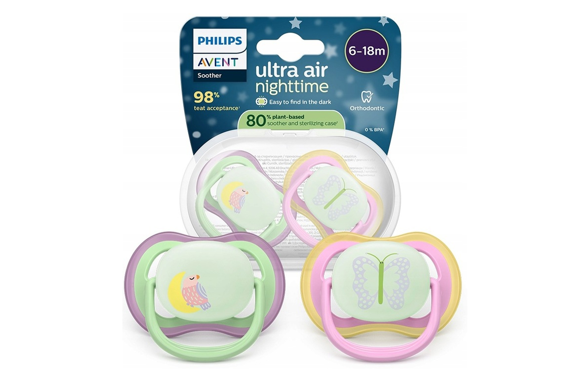 Пустышка Philips Avent Ultra Air Nighttime SCF376/29 6-18 мес, зеленый/розовый, 2 шт