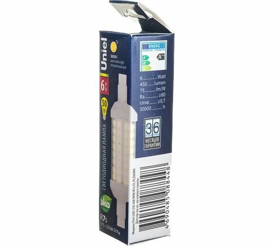 Светодиодная лампа Uniel LED-J78-6W/WW/R7s/CL PLZ06WH. Прозрачная