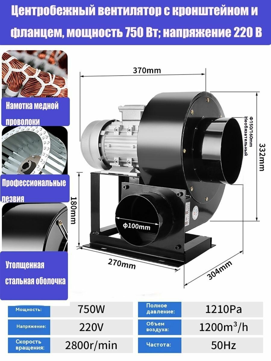 Центробежный вентилятор DF-5 220В/380В оцинкованный корпус 850 м /ч 1020 Па низкий шум 76 дБ термостойкий 150