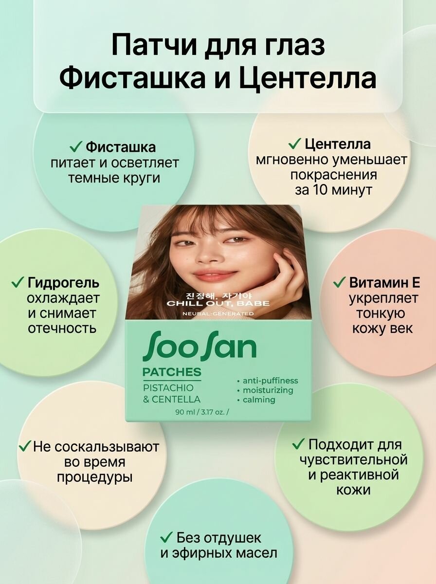 SOOSAN Patches with Pistachio & Centella Патчи для глаз от отеков и мешков с экстрактами фисташки и центеллы 90мл