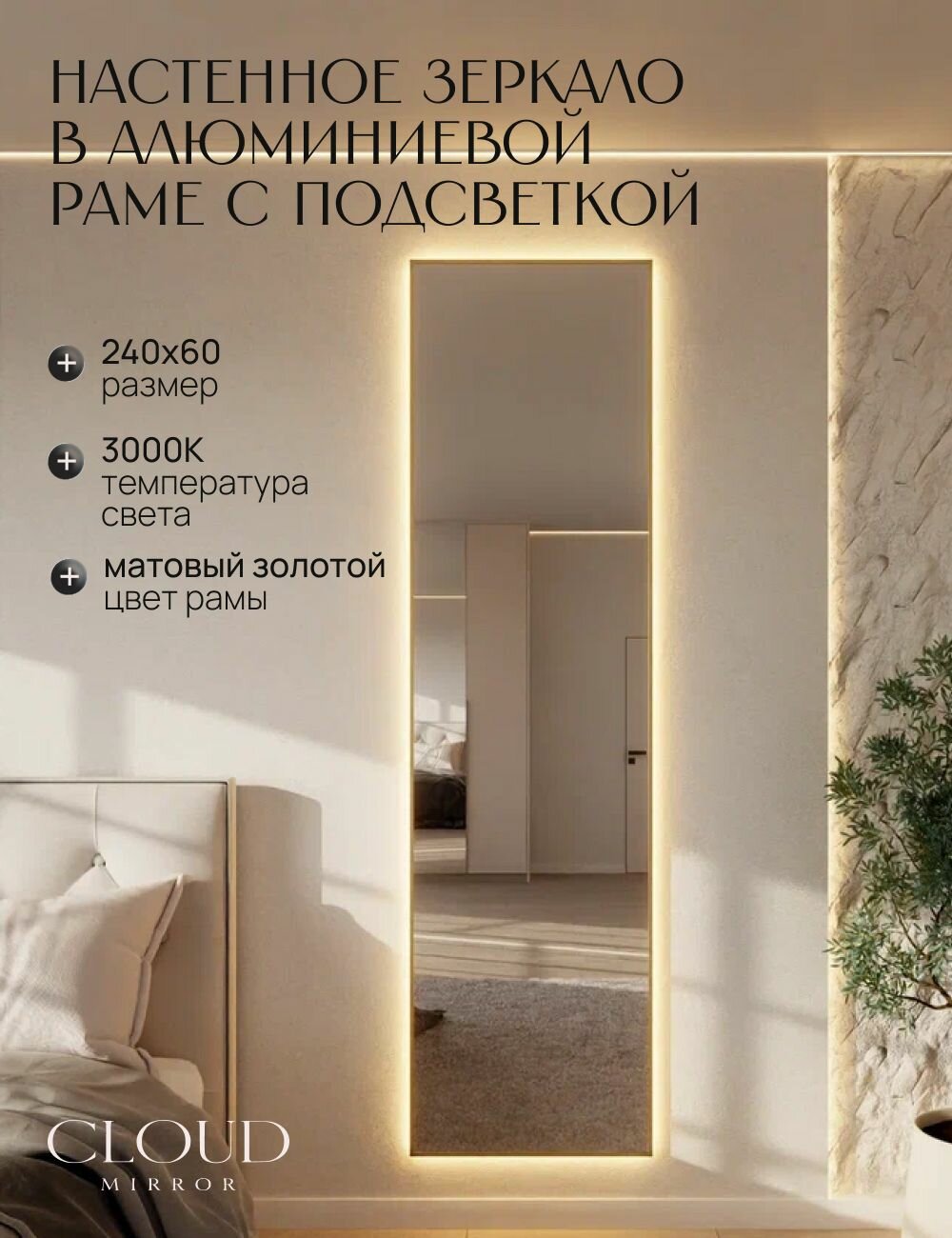 Зеркало 240х60 см. золото с подсветкой. Свет: Теплый белый 3000К. В алюминиевой раме интерьерное настенное CLOUD MIRROR