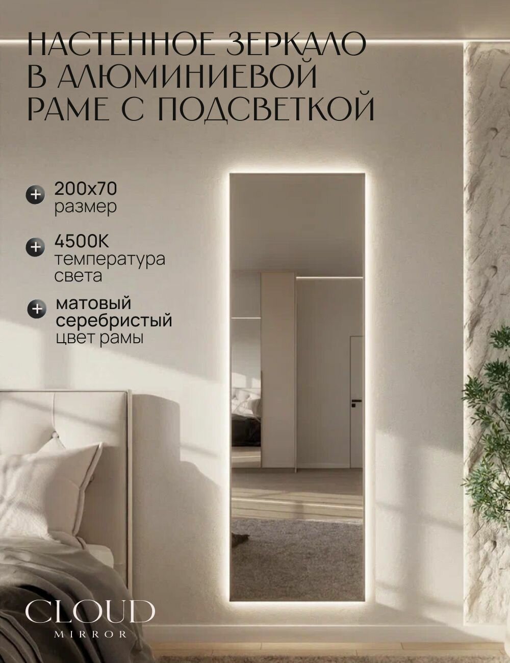 Зеркало 200х70 см. CLOUD MIRROR с подсветкой в алюминиевой раме настенное. Свет: Нейтральный белый 4500К, Серебро