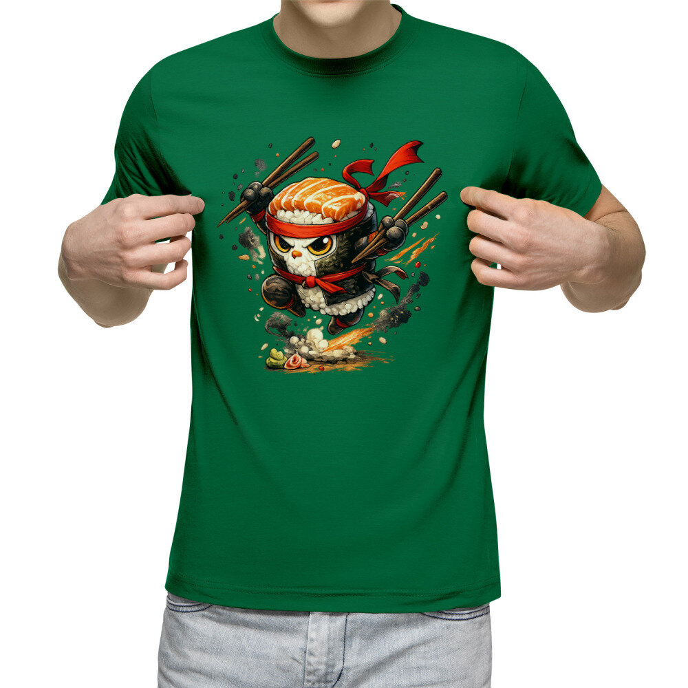 Мужская футболка «Суши-ниндзя в повязке с двумя палочками» (зеленый, S)