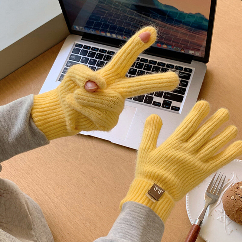 Длинные однотонные универсальные вязаные перчатки для студенток, с разделением пальцев, теплые, сенсорные, ветрозащитные перчатки для мужчин