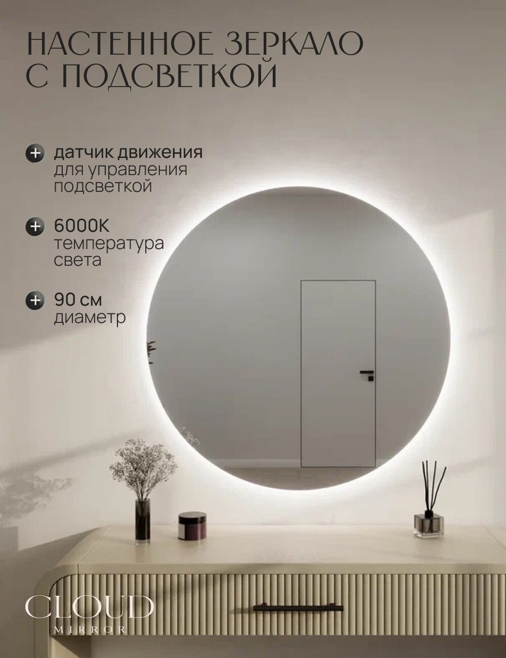 Зеркало настенное 90х90 см. CLOUD MIRROR М7 фигурное с подсветкой холодный свет 6000К