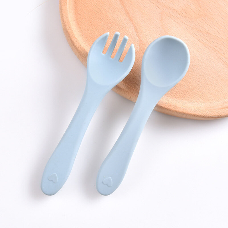 Набор из силиконовой ложки и вилки для малышей в цвете Серо-голубой, пищевой силикон, легко моется, для обучения