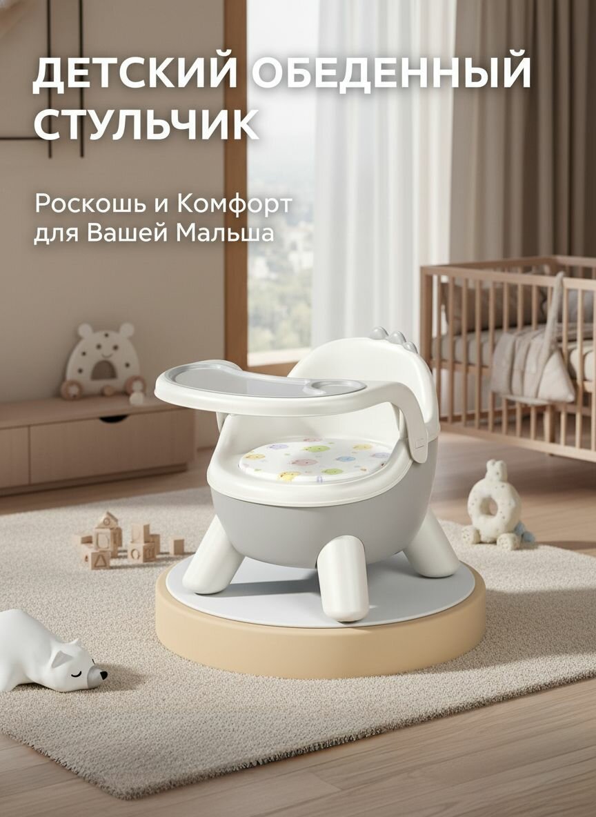 Стул детский Tatamia, с двойным подносом, 39,5 см, светло-серый