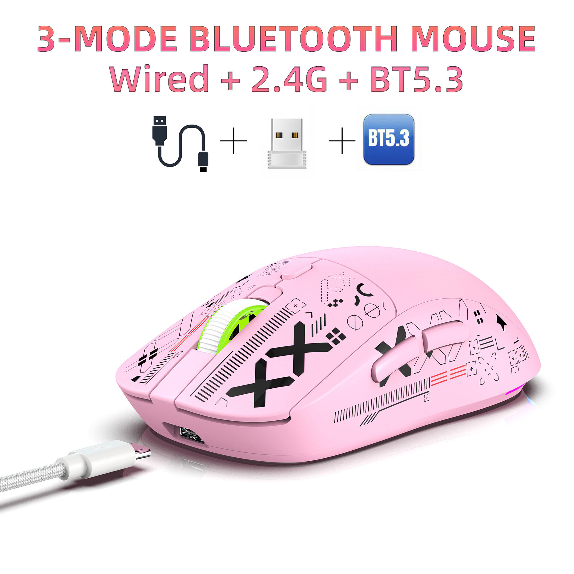 T90 Розовая беспроводная игровая мышь 3 режима (проводной/2.4G/Bluetooth 5.3) тихая