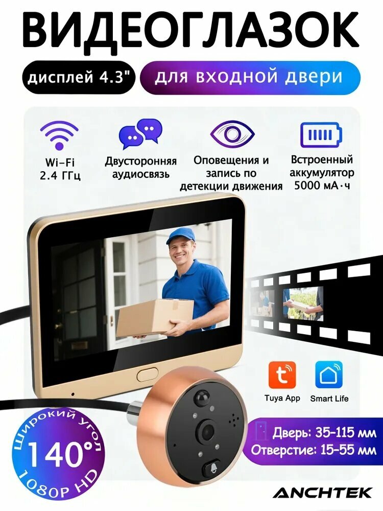 Видео глазок для входной двери ED 300PA tuya wifi с датчиком движения, записью, двусторонней связью