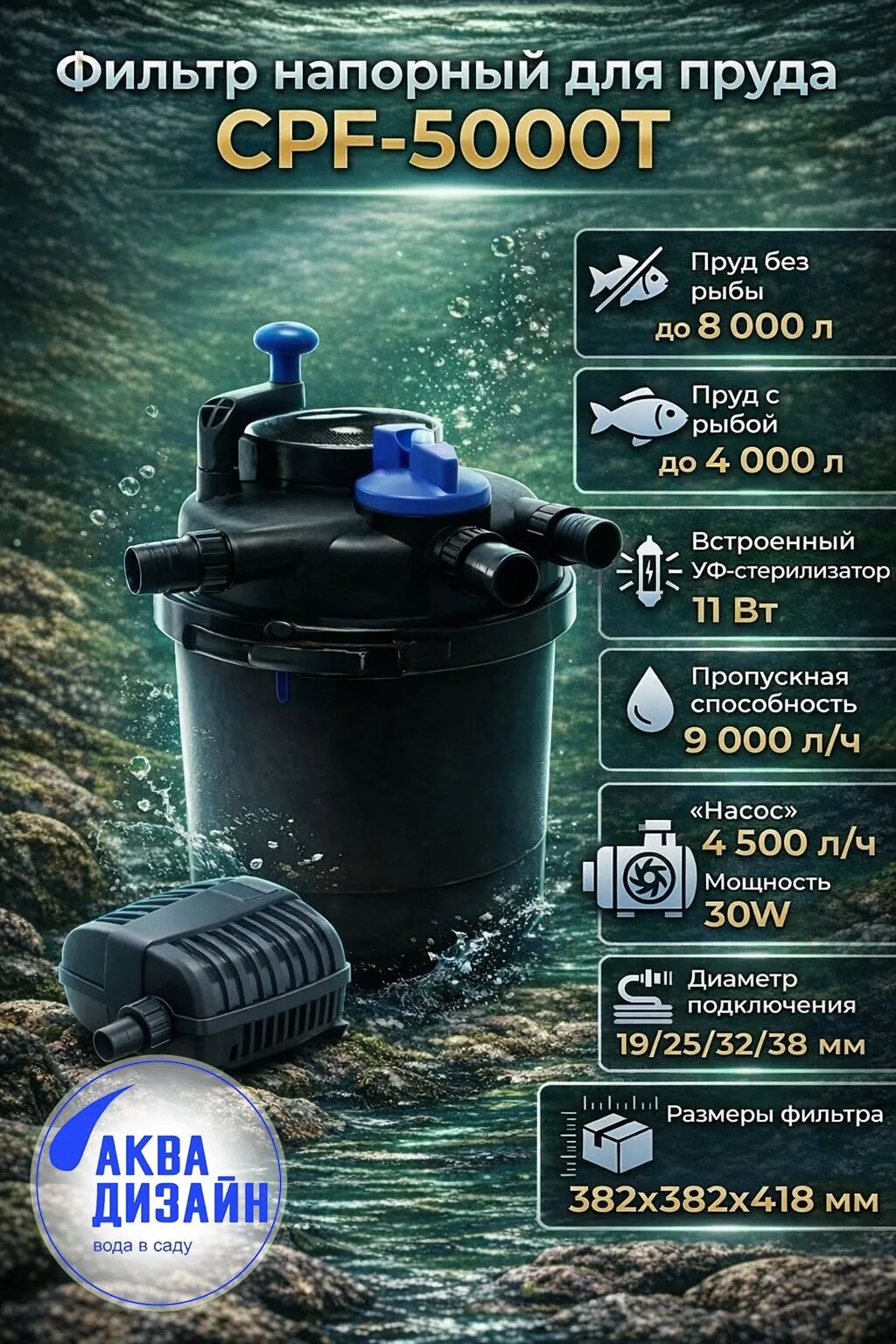 Фильтр напорный для пруда GRECH CPF-5000Т с насосом и УФ-лампой (до 8м3)