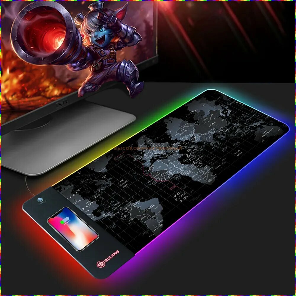 Игровой коврик для мышки с RGB подсветкой и беспроводной зарядкой RUIJING черный черно-серый