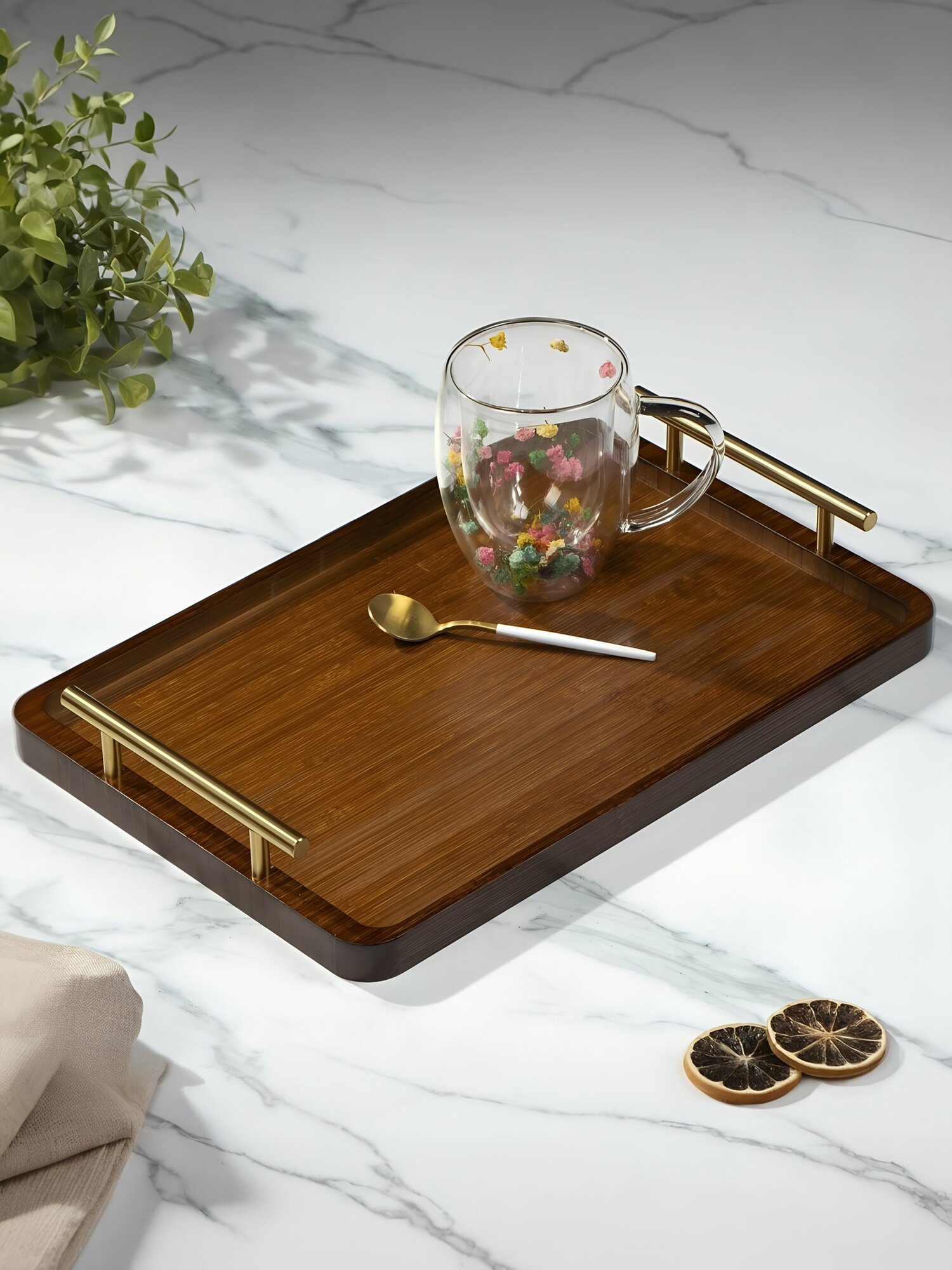 Поднос деревянный с металлическими ручками, прямоугольный, 35х25 см