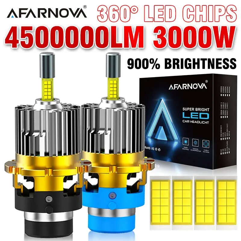 Светодиодные фары D2S D4S 360 LED, 3000W, HID D2R D4R, LED Canbus, 1:1 замена ксеноновых ламп, 4500000LM, 3D-чипы CSP, автомобильные лампы Plug&Play 12V